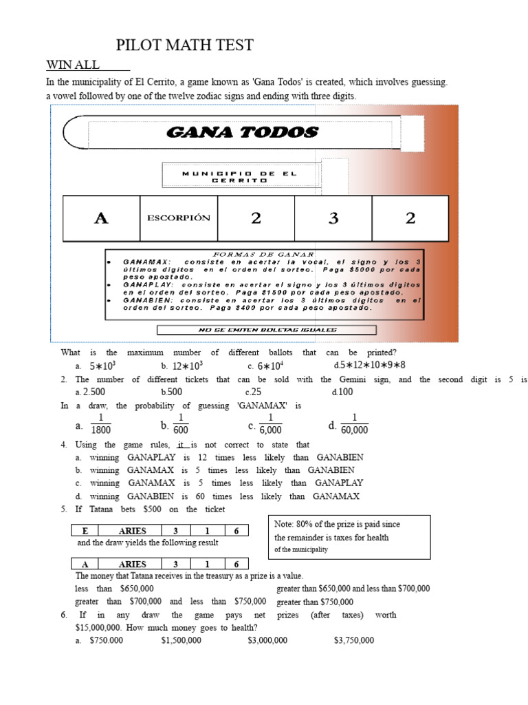 El Cerrito Math Test on Lottery Probabilities | PDF | Angle | Dice
