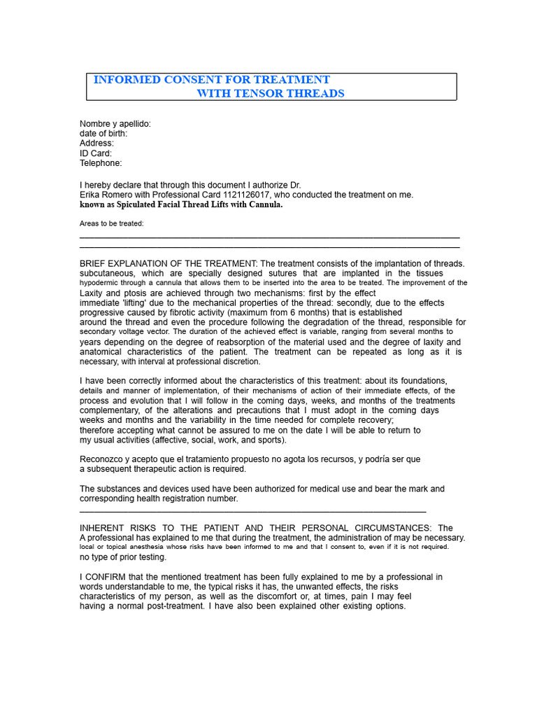 Informed Consent For Treatment With Tension Threads | PDF | Allergy ...