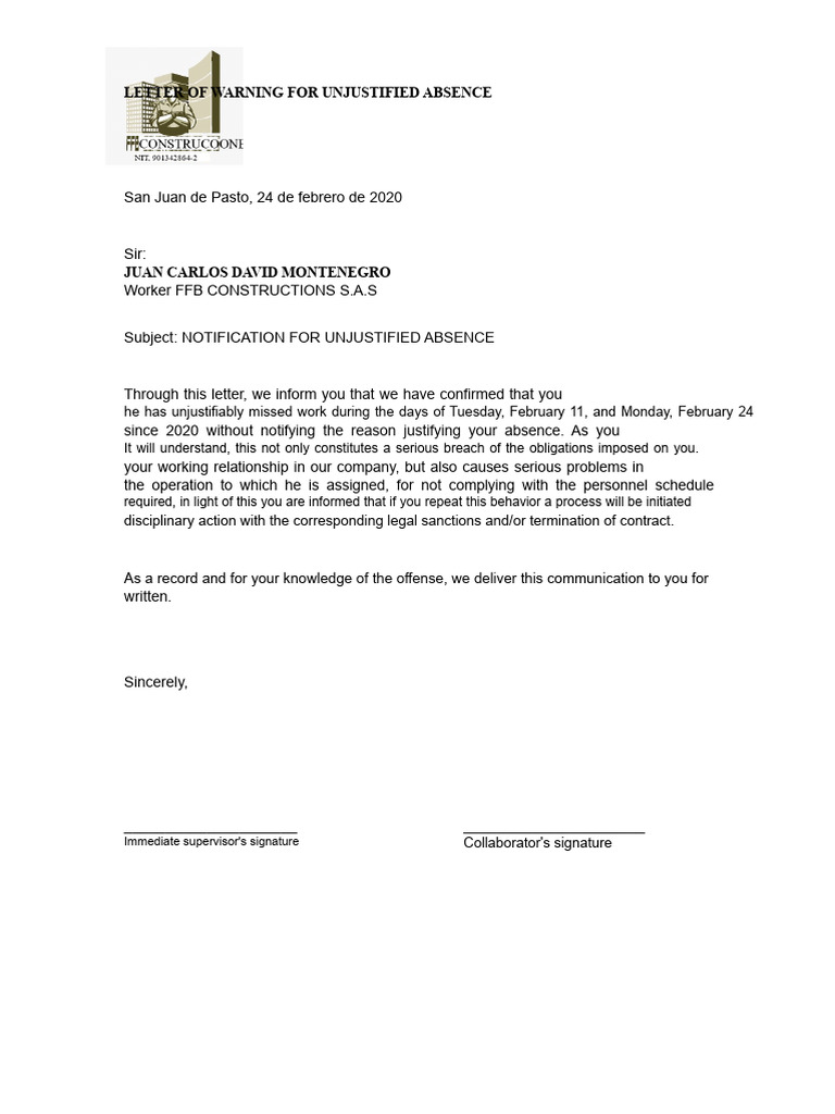 Warning Letter for Unjustified Absence | PDF
