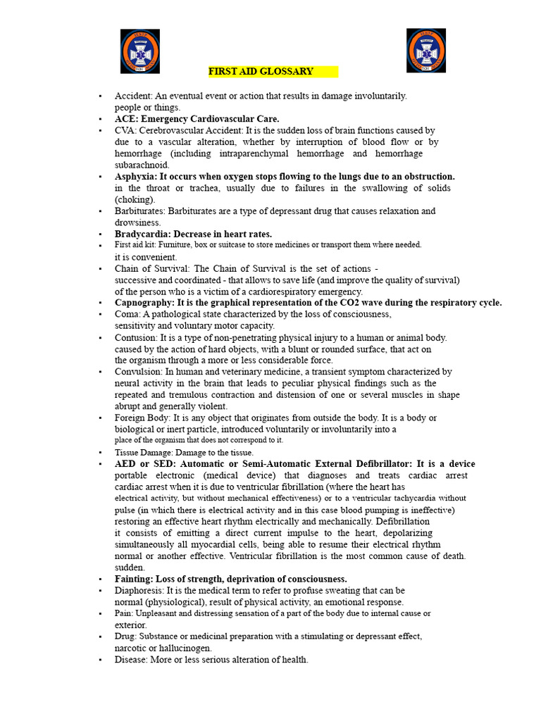 First Aid Glossary - Resolved | PDF | Heart | Shock (Circulatory)