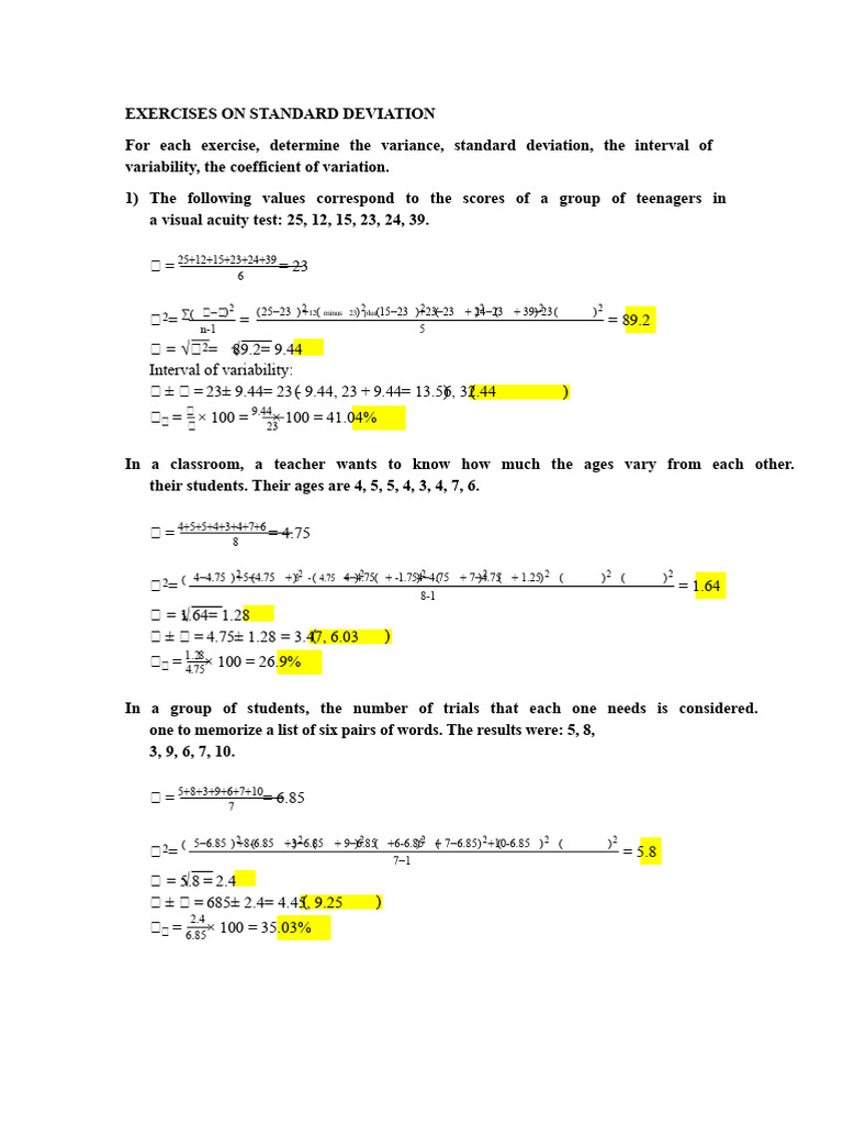 Exercises On Standard Deviation | PDF | Variance | Standard Deviation