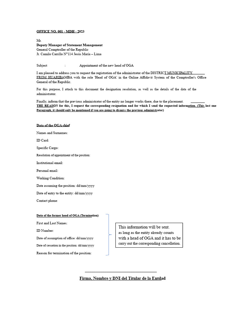 Annex 2 - Model Letter For The Designation of The New Head of OGA | PDF