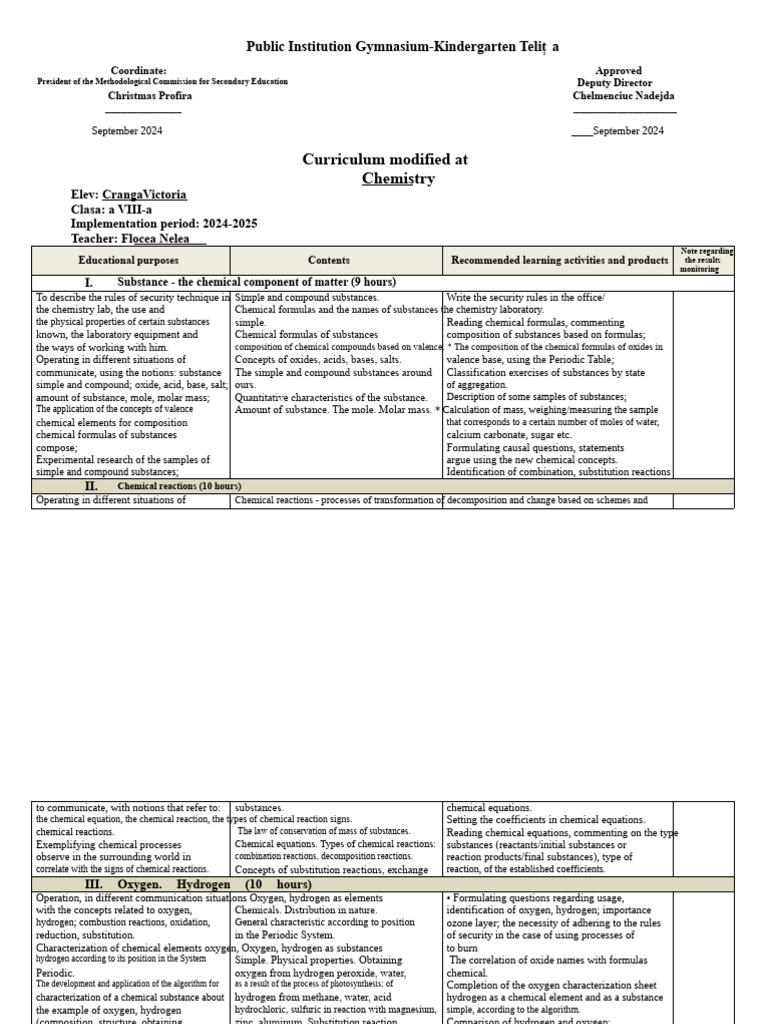 Chemistry Curriculum for VIII Grade | PDF | Chemistry | Chemical Substances