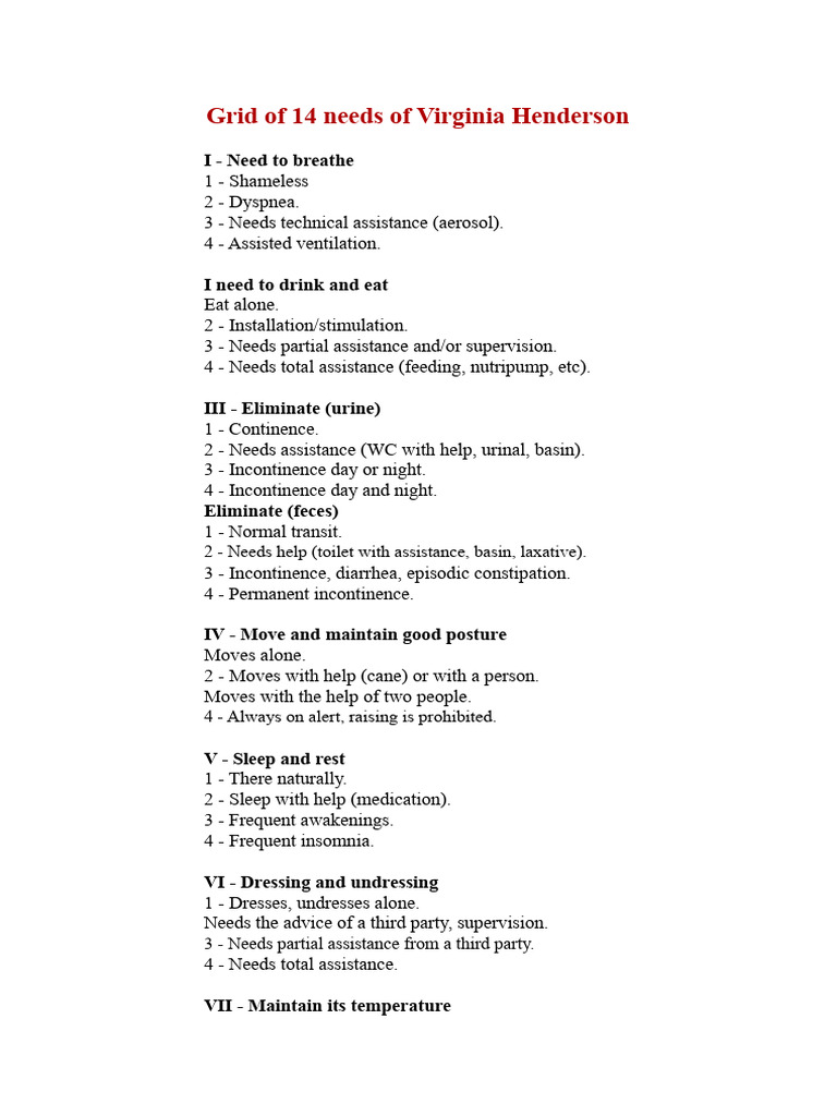 Virginia Henderson's 14 Needs Framework | PDF | Clinical Medicine ...