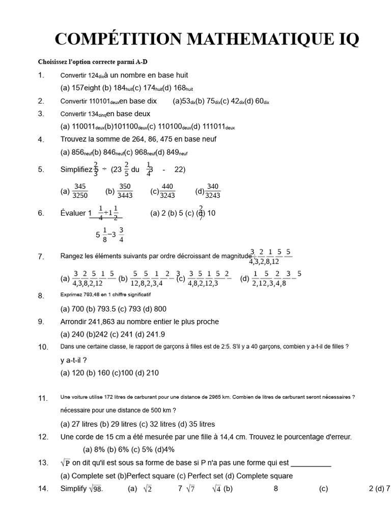 Questions de Mathématiques IQ et Solutions | PDF | Échecs | Arithmétique