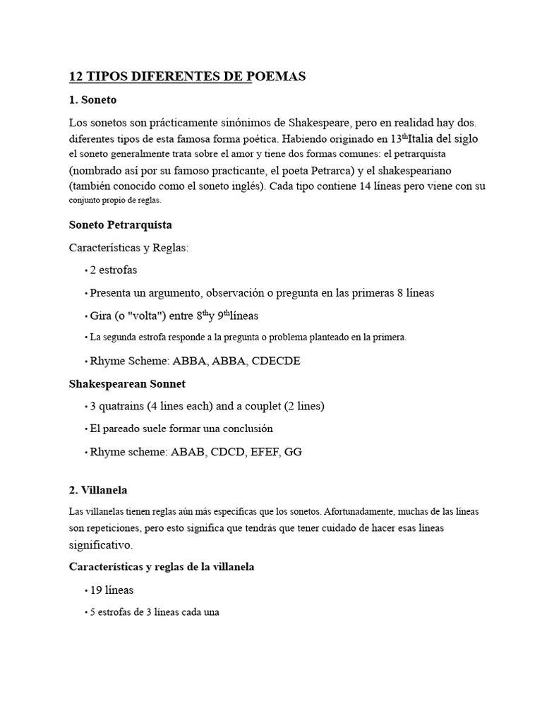 12 Tipos Diferentes de Poemas | PDF | Sonetos | Poesía