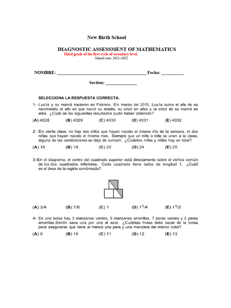 2021-2022 Third Grade Math Assessment | PDF