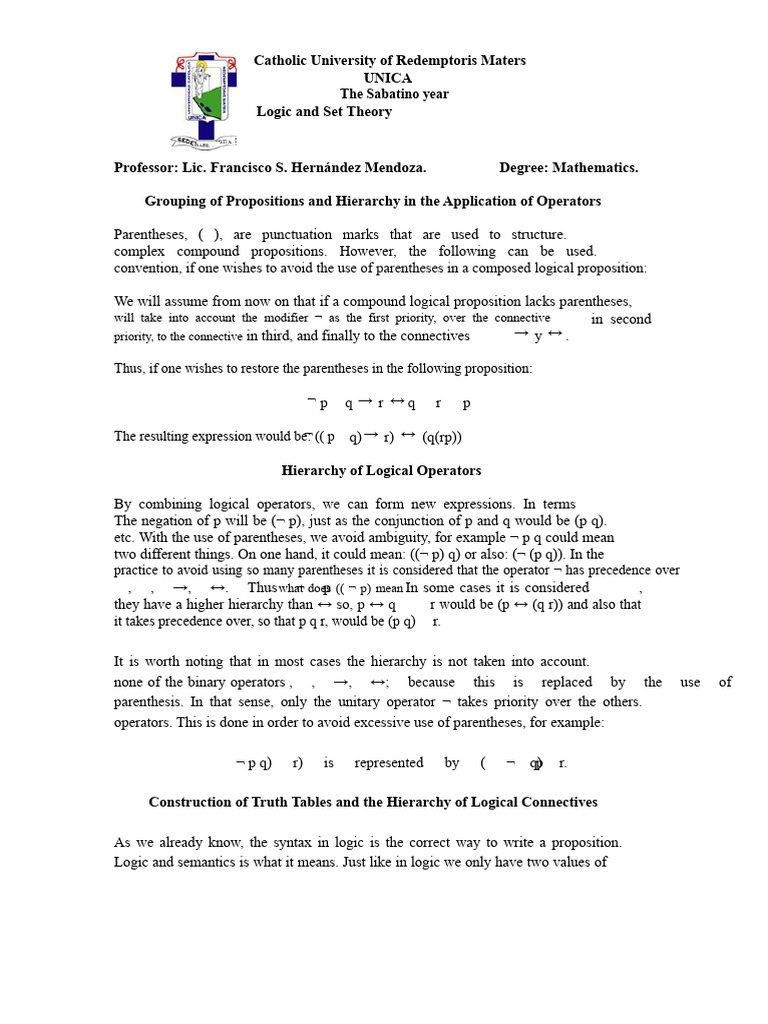 Logic Operator Hierarchy and Truth Tables | PDF | Interpretation (Logic ...