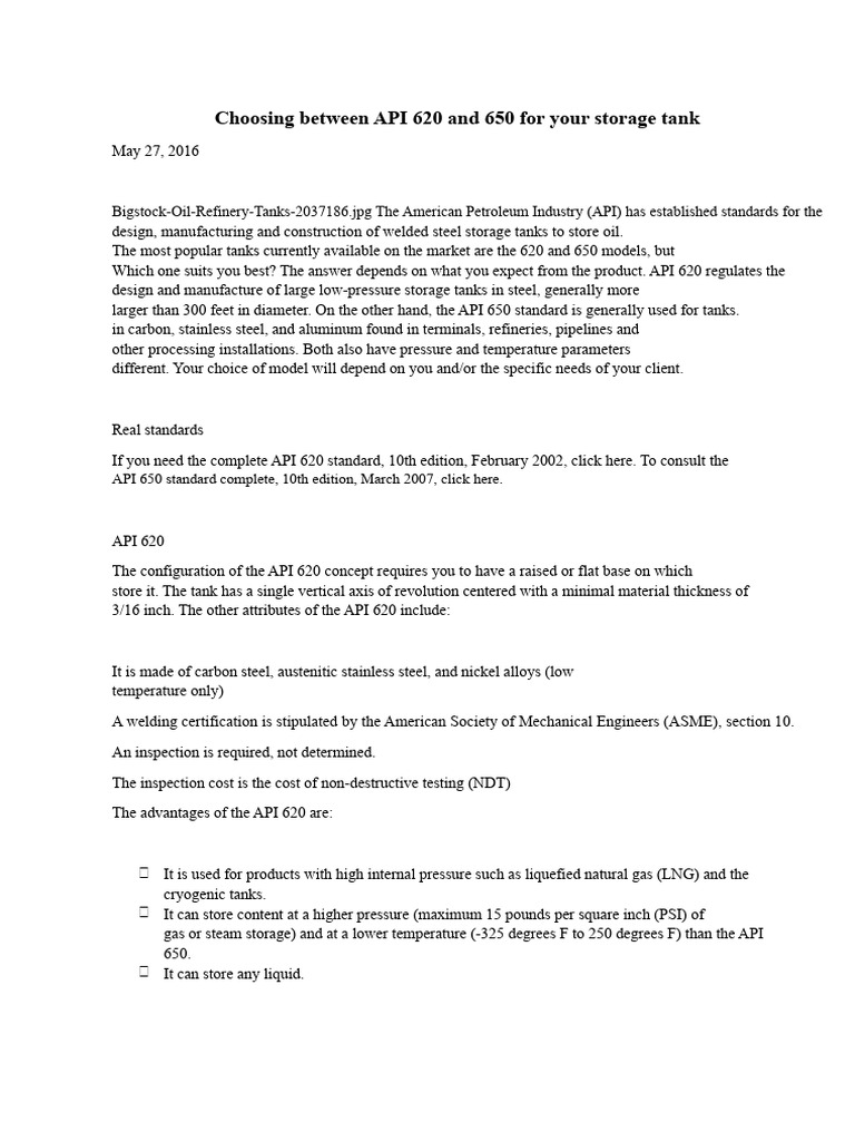 API 620 vs 650: Storage Tank Standards | PDF | Steel | Stainless Steel