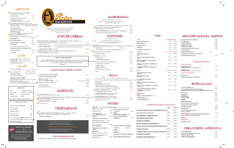 Menú Del Restaurante Puritan Backroom - Agosto 2020 | PDF ...