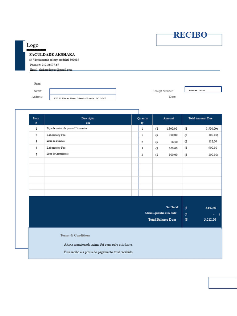 Modelo de Recibo de Pagamento de Taxa Escolar | PDF