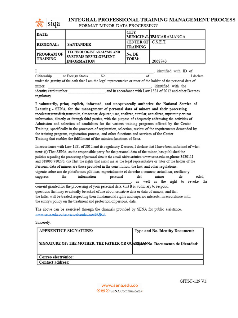 GFPI-F-129 Data Processing Format For Minor | PDF | Privacy | Government