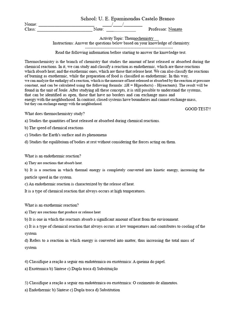 Thermochemistry Test EJA VII | PDF | Chemical Reactions | Heat