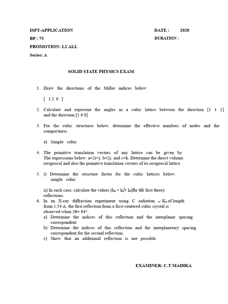 Solid State Physics Exam Questions | PDF | Crystal Structure | Biophysics