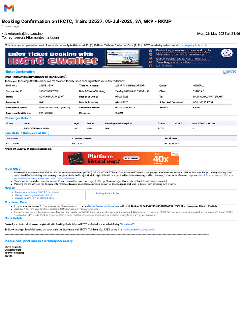 Gmail - Booking Confirmation on IRCTC, Train_ 22537, 05-Jul-2025, 3A ...
