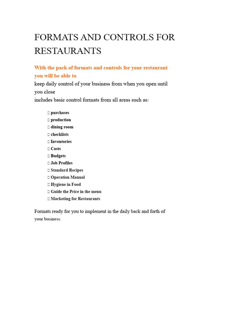 Formats and Controls for Restaurants | PDF | Restaurants | Menu