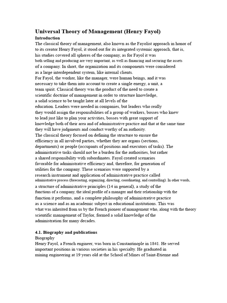 Henry Fayol's Universal Management Theory | PDF | Knowledge | Experience