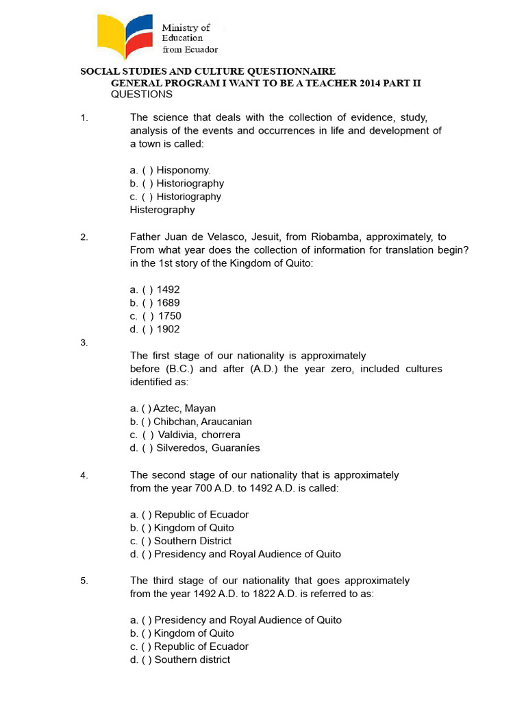 Social Studies and Culture Questionnaire PDF | PDF | Ecuador ...