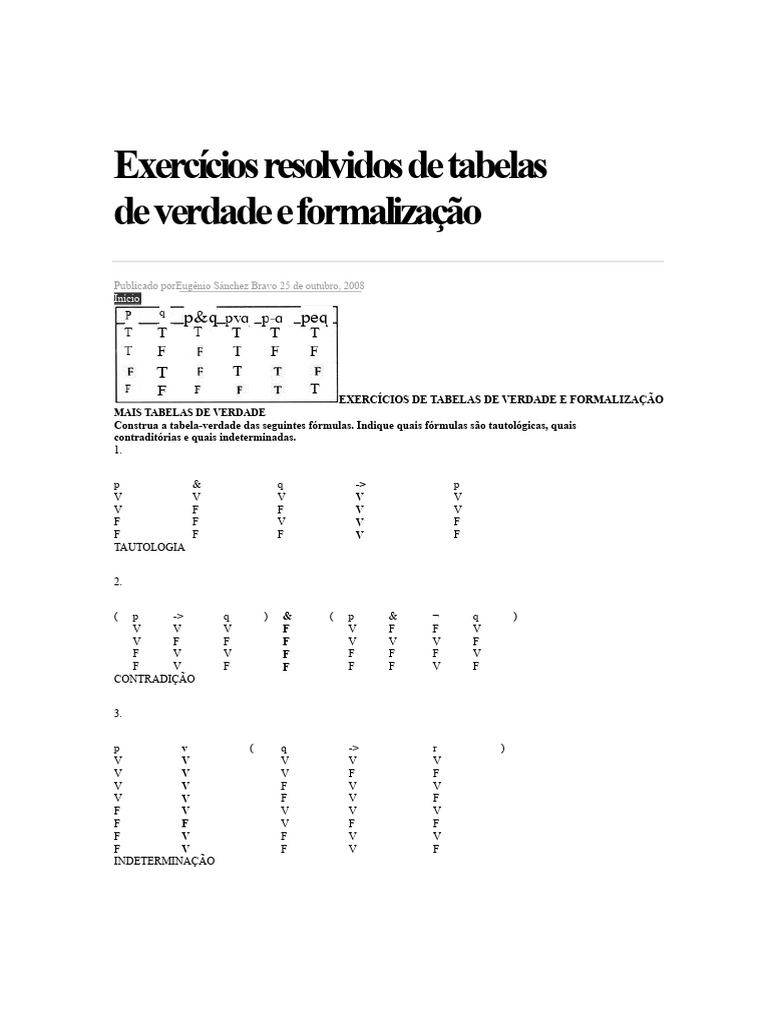 Exercícios de Tabelas de Verdade e Lógica | PDF | Interpretação ...