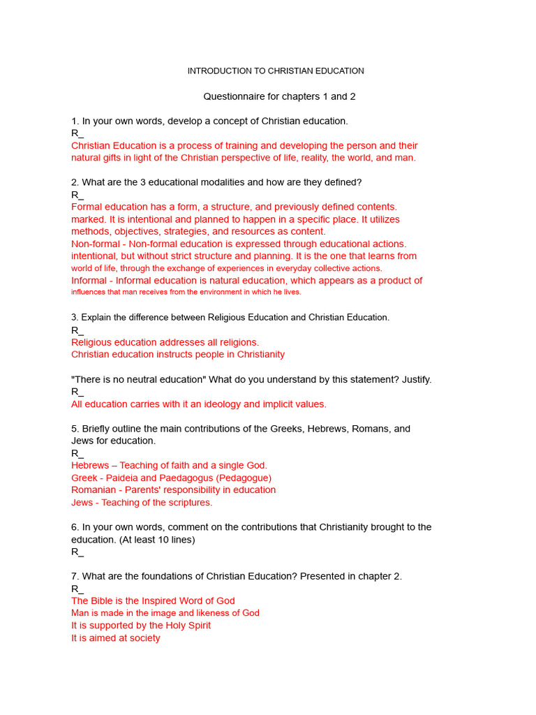 INTRODUCTION TO CHRISTIAN EDUCATION Chapters 1 and 2 ITQ | PDF | Bible ...