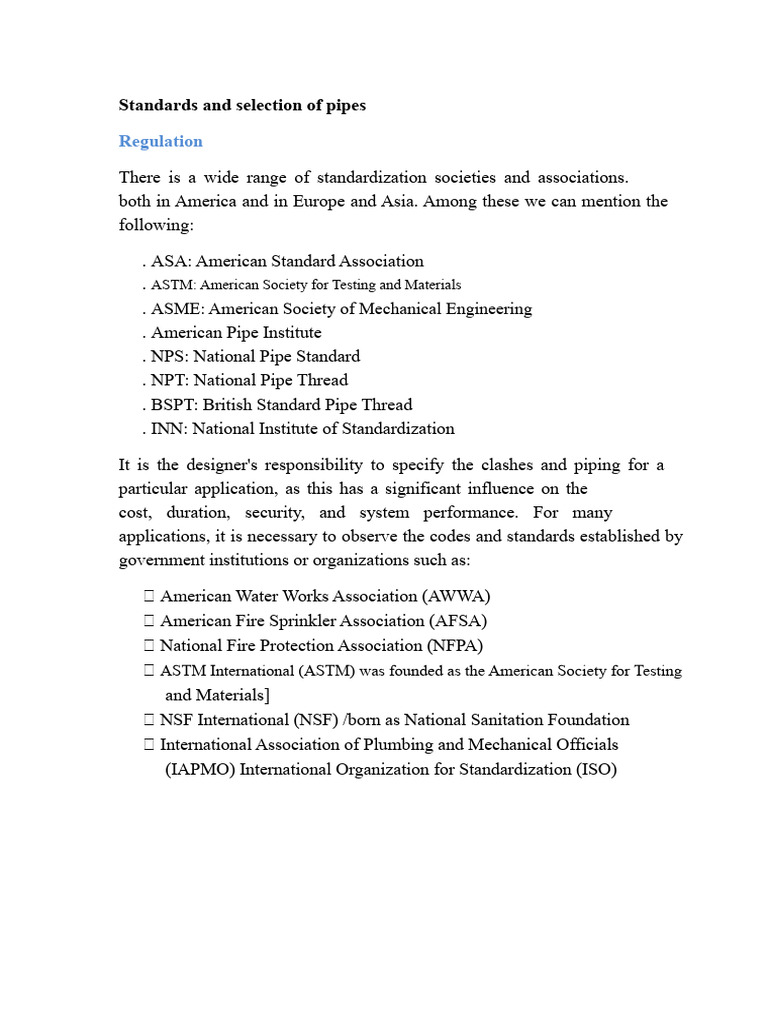 Standards and Selection of Pipes | PDF | Pipe (Fluid Conveyance) | Cement