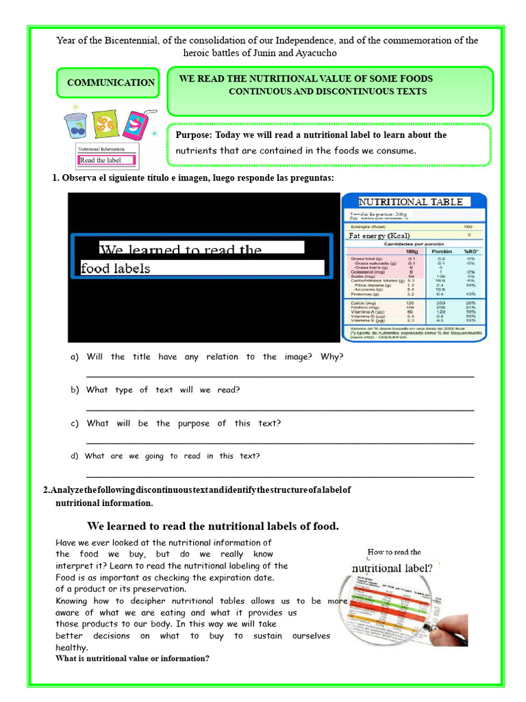 SHEET-MIERC-COMMON-LET'S READ THE NUTRITIONAL VALUE OF SOME FOODS ...