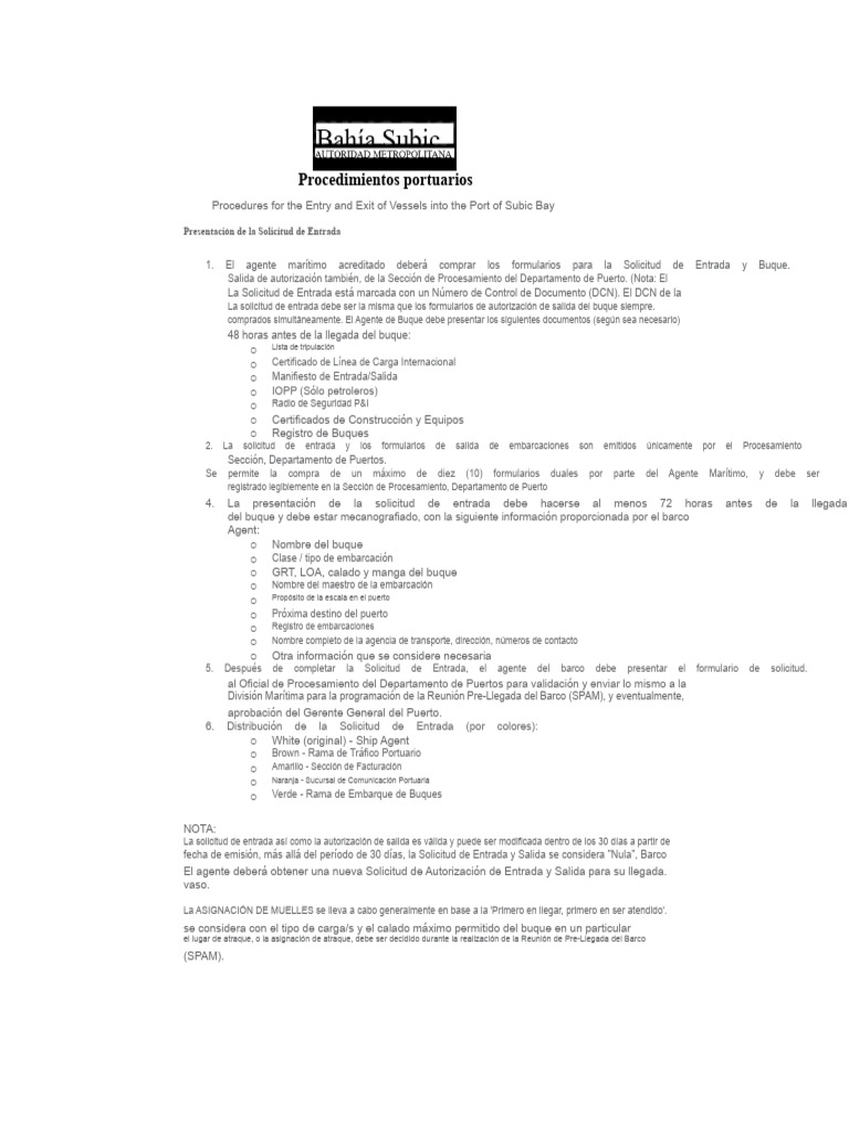 Procedimientos de Entrada y Salida en Subic Bay | PDF | Puerto | Envío