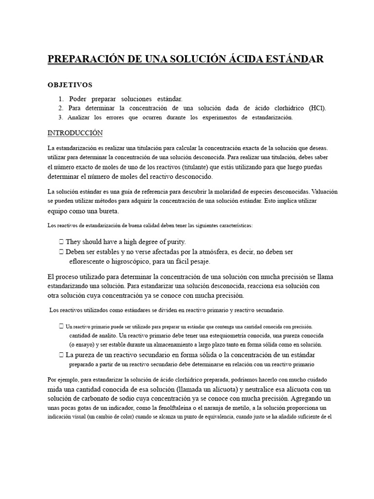 Preparación de Una Solución Ácida Estándar | PDF | Valoración | Química
