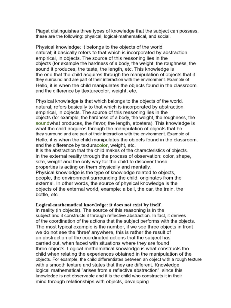 Piaget Distinguishes Three Types of Knowledge That The Subject Can ...