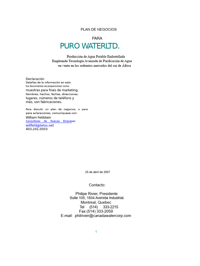 Busplan Puro Water | PDF | Agua | Calidad (comercial)