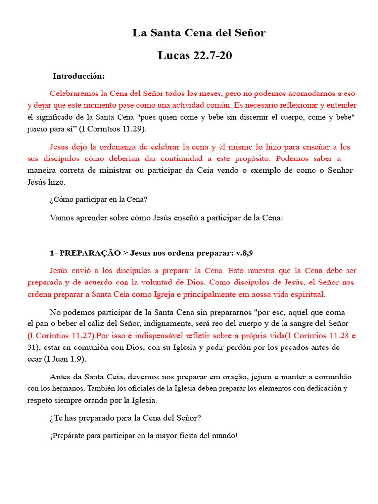 Significado y Preparación de la Santa Cena | PDF | eucaristía | Jesús