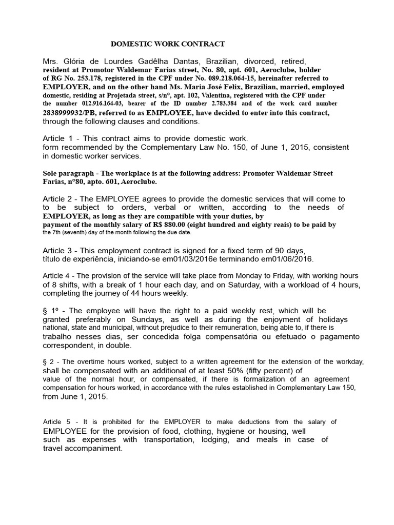 Domestic Work Contract Agreement | PDF | Employment | Working Time