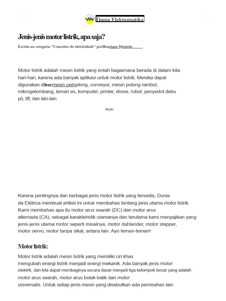 Jenis-Jenis Motor Listrik dan Aplikasinya | PDF
