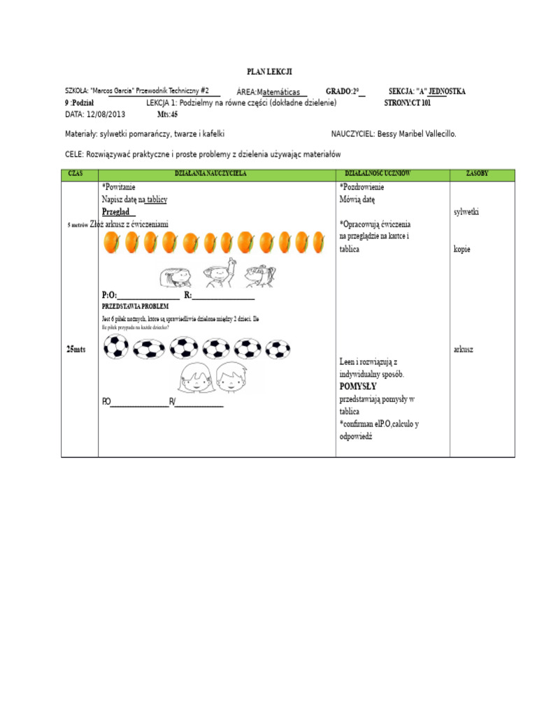 Plan Tablica Do Nauczania Dzielania W 2. Klasie | PDF