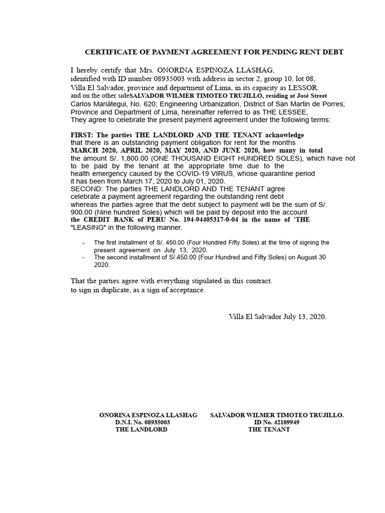 Rent Debt Payment Agreement Certificate | PDF | Lease | Landlord