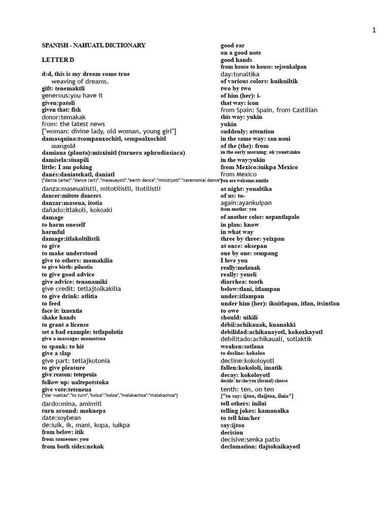 Spanish-Nahuatl Dictionary: Letter D | PDF
