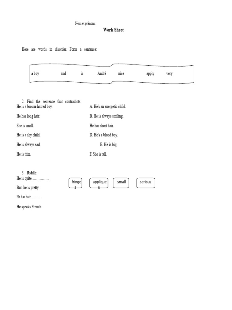 Sentence Formation and Character Traits Worksheet | PDF