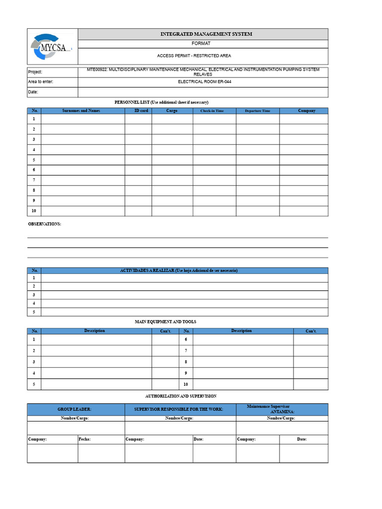 Access Permit for Restricted Area Work | PDF