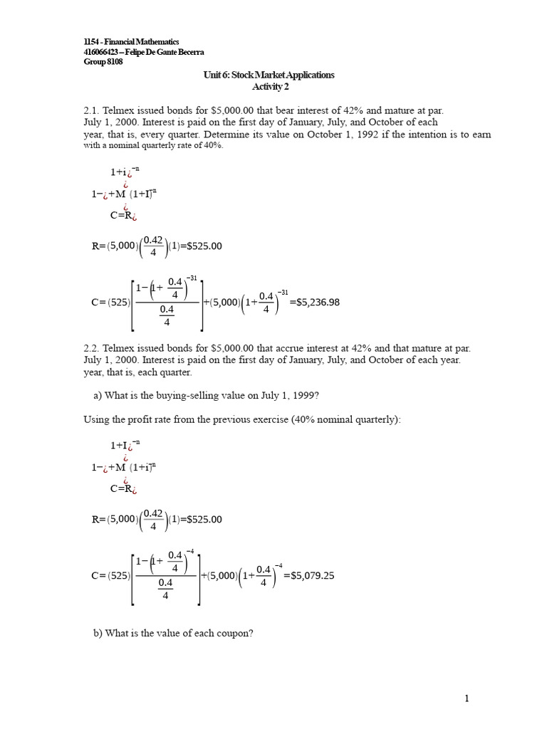 Financial Mathematics - Stock Market Applications | PDF | Bonds ...