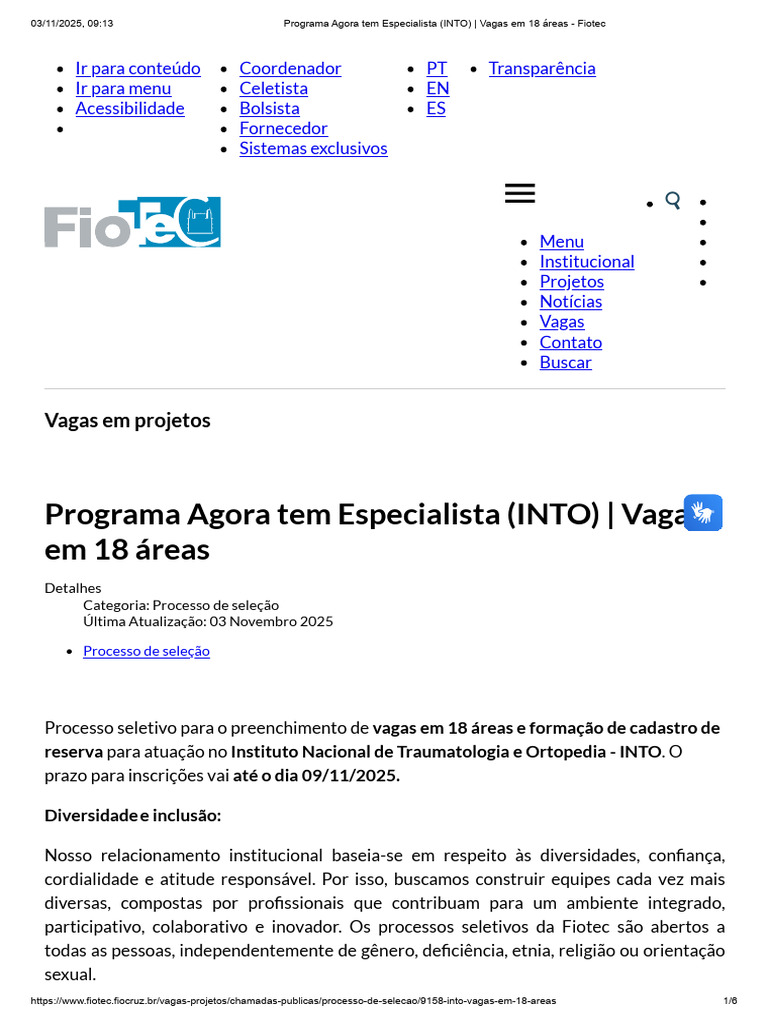 Programa Agora Tem Especialista (INTO) - Vagas em 18 Áreas - Fiotec | PDF | Cirurgia ortopédica ...