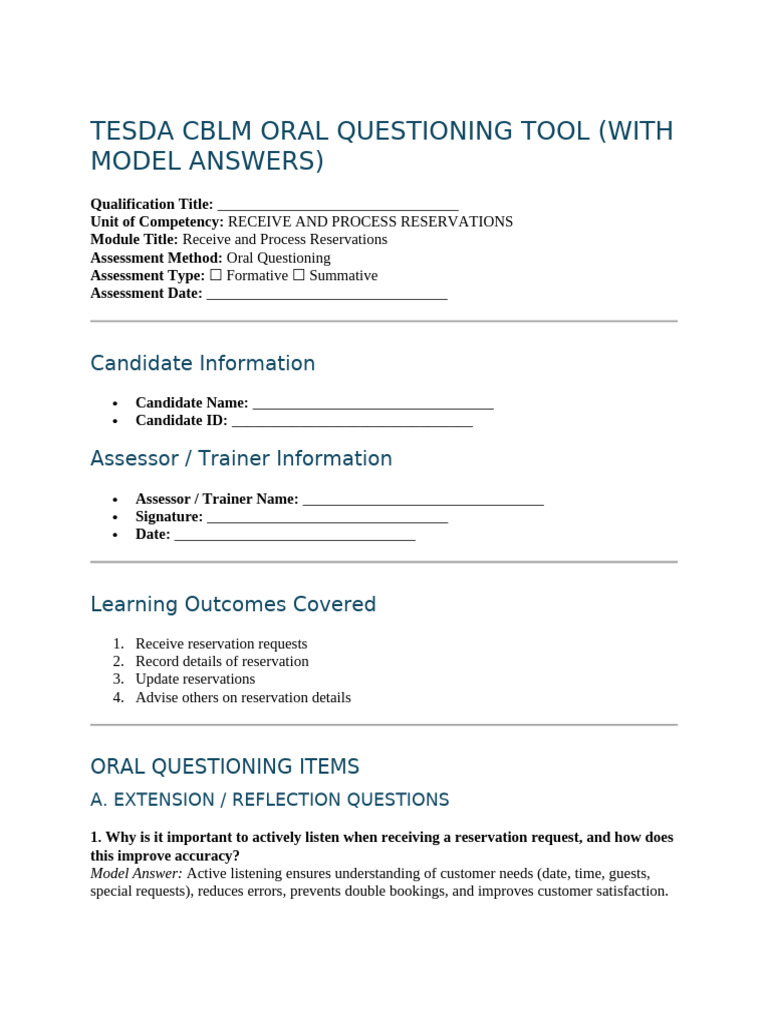 TESDA Oral Tool for Reservations Assessment | PDF | Regulatory ...