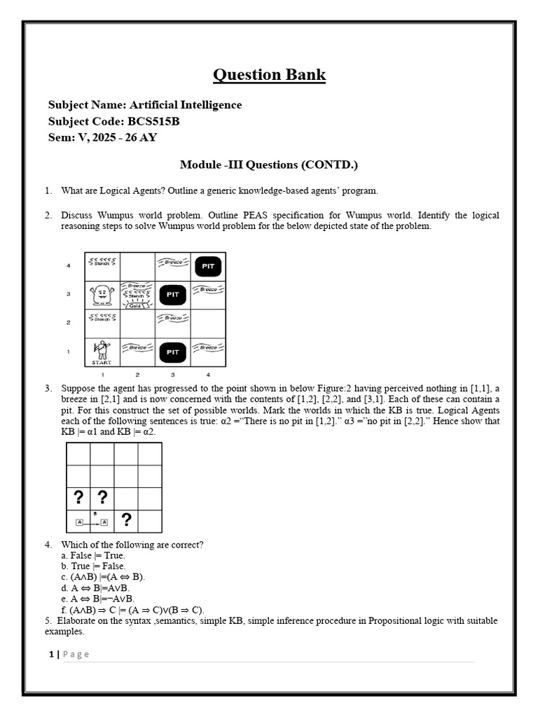 BCS515B AI Test2(Module 3, 4, 5) Question Bank | PDF | Logic | If And ...