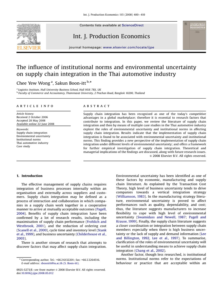 Supply Chain Integration in Thai Automotive | PDF | Supply Chain ...