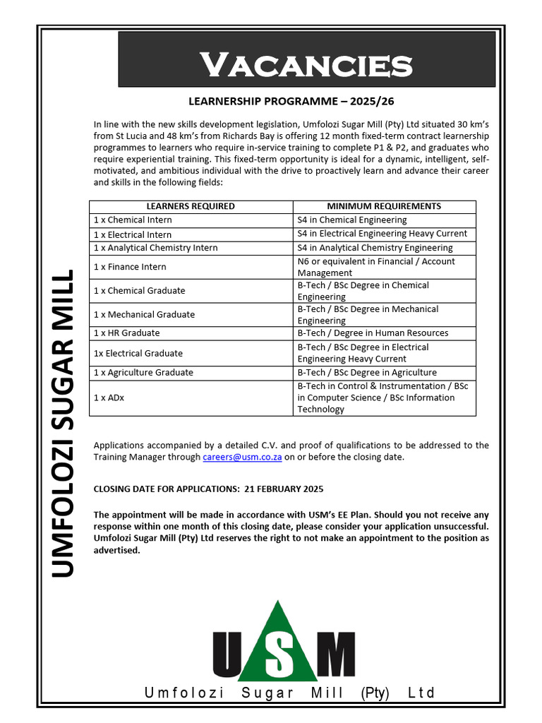 Umfolozi Sugar Mill Learnerships 2025/26 | PDF | Physical Sciences ...