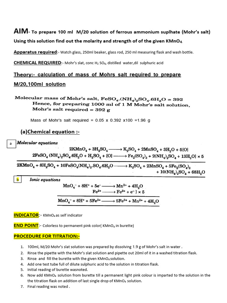 Titration With Mohrs Salt | PDF | Titration | Chemistry