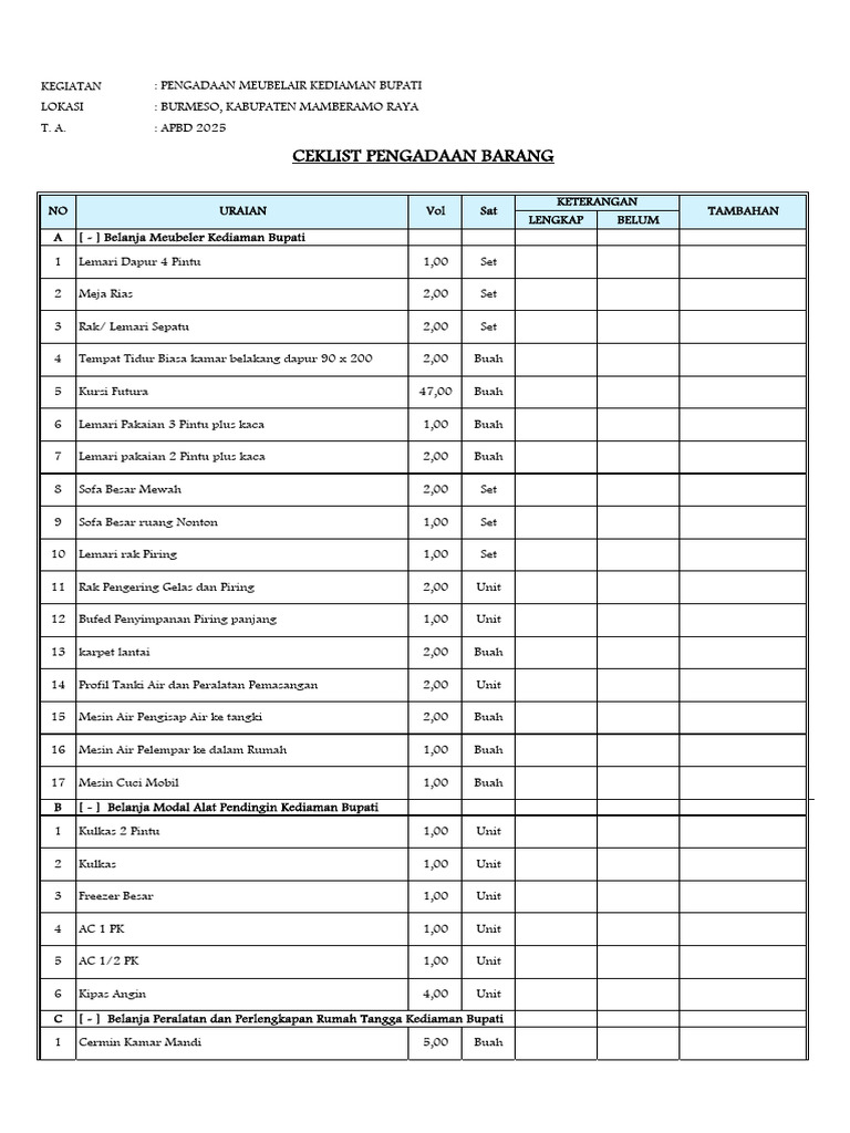Ceklist Mebel Bupati | PDF