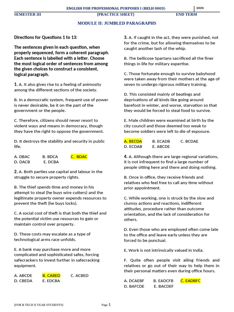Jumbled Paragraph_Answer Key (2) | PDF | Light