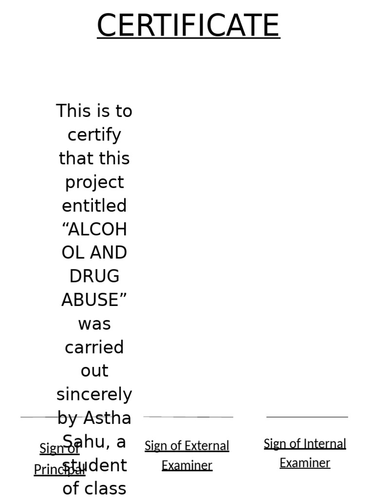 Certificate for Alcohol and Drug Abuse Project | PDF