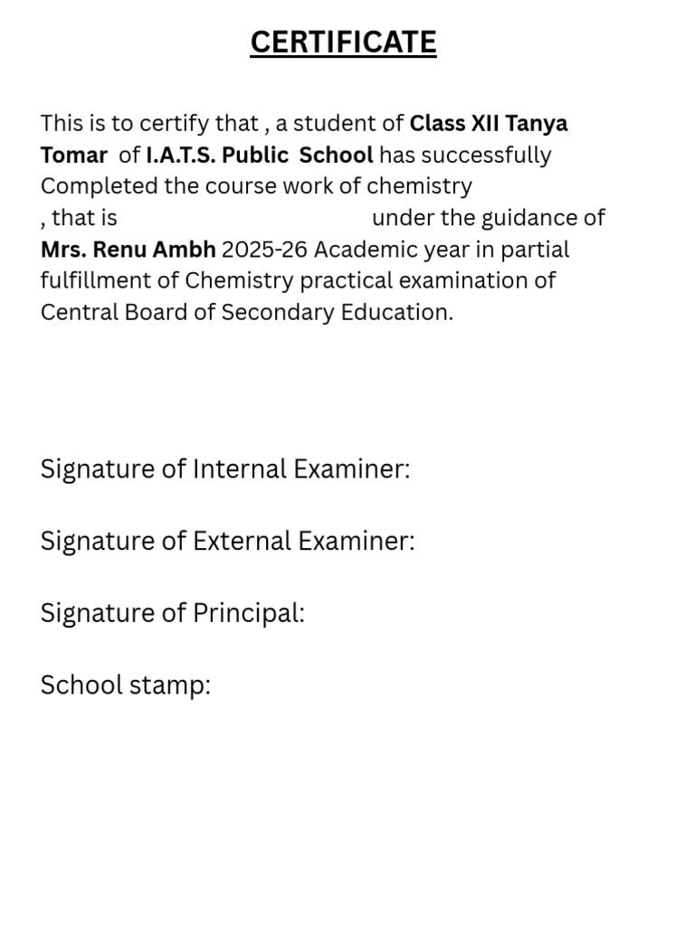 Class XII Chemistry Course Completion Certificate | PDF