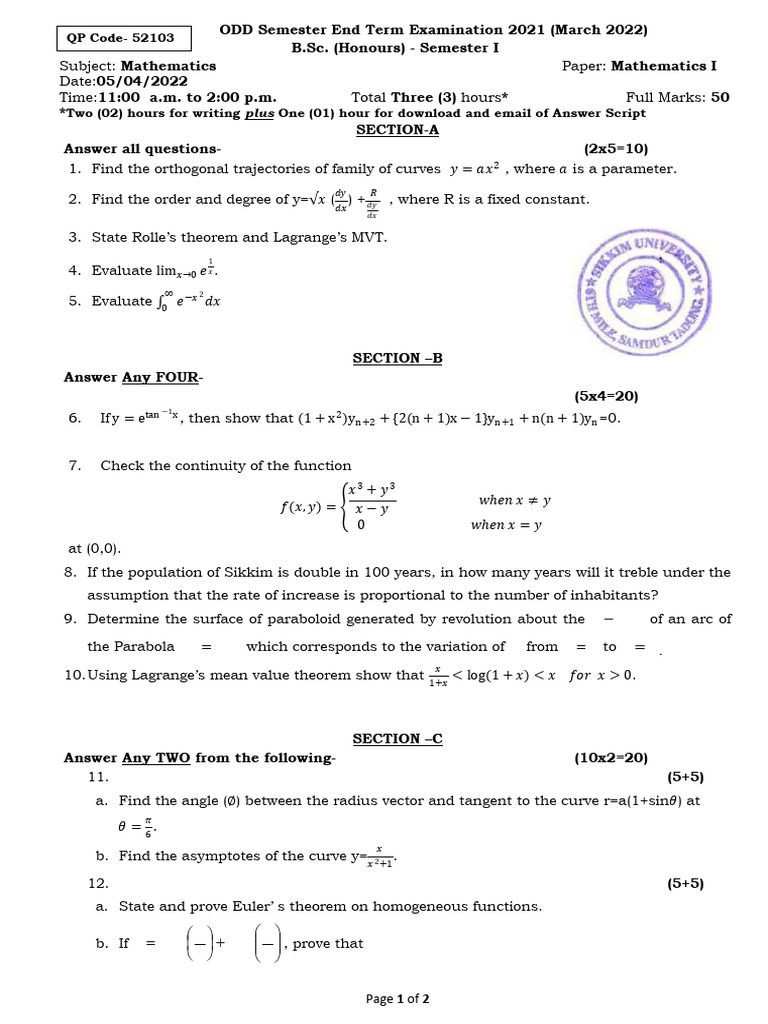 B.Sc. Mathematics I Exam Paper 2022 | PDF | Mathematical Analysis ...